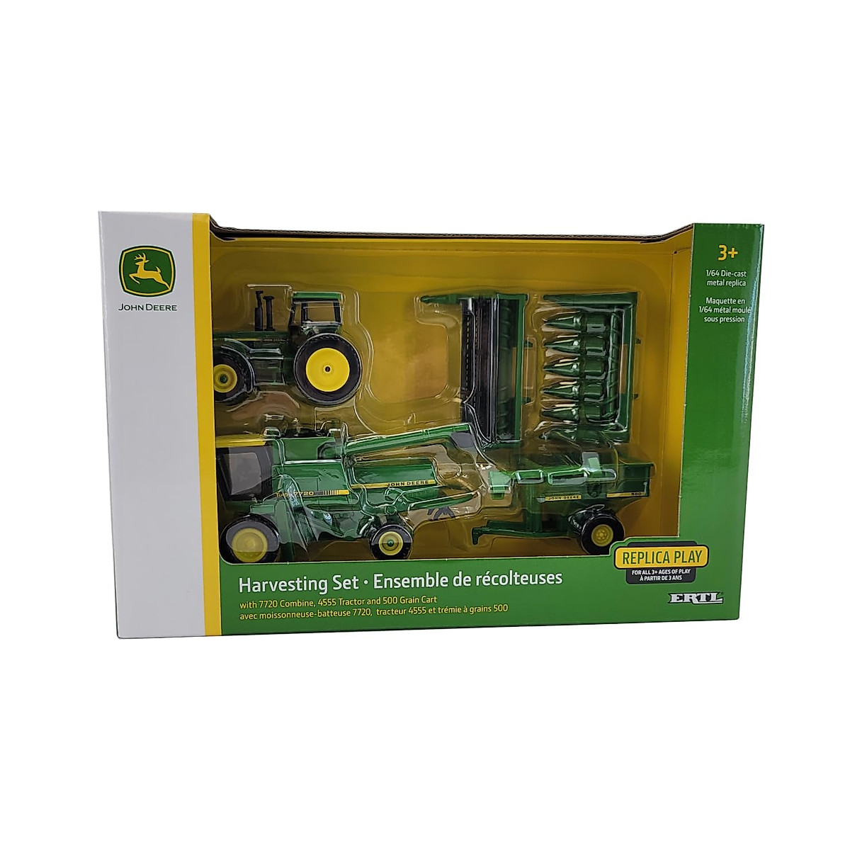 John Deere 1/64 Scale 5 pc Harvesting Set 4555 Tractor, 7720 Combine w/2 Heads, 500 Grain Cart