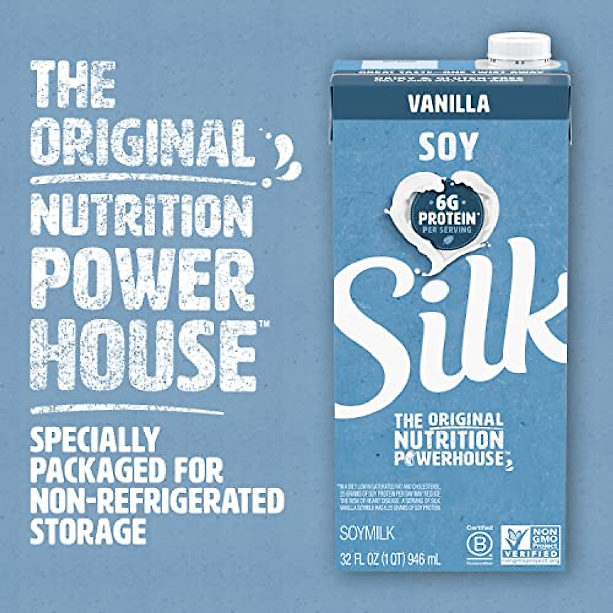 Silk Shelf-Stable Soy Milk, Vanilla, Dairy-Free, Vegan, Non-GMO Project Verified, 1 Quart (Pack of 6)