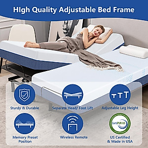 Twin XL Adjustable Bed Base with Mattress, 12 Inch Gel Memory Foam Medium-Firm Mattress in Box, Wireless Remote, Head/Foot Lift Electric Smart Bed, Adjustable Bed Frame with Thickened Frame, Blue