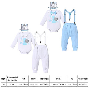 Baby Boys Winter Snowflake 1st Birthday Outfits Cake Smash Romper & Long Pants & Suspenders & Crown Fall Party Clothes Set for Kids Toddler Xmas Photo Props Gentleman Formal Suit Blue & Crown 12