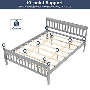 IULULU Queen Bed Frame, Solid Wood Platform Bed Frame with Headboard & Footboard, Queen Size Mattress Foundation with Wooden Slats Support, Easy Assembly, No Box Spring Needed, Light Grey