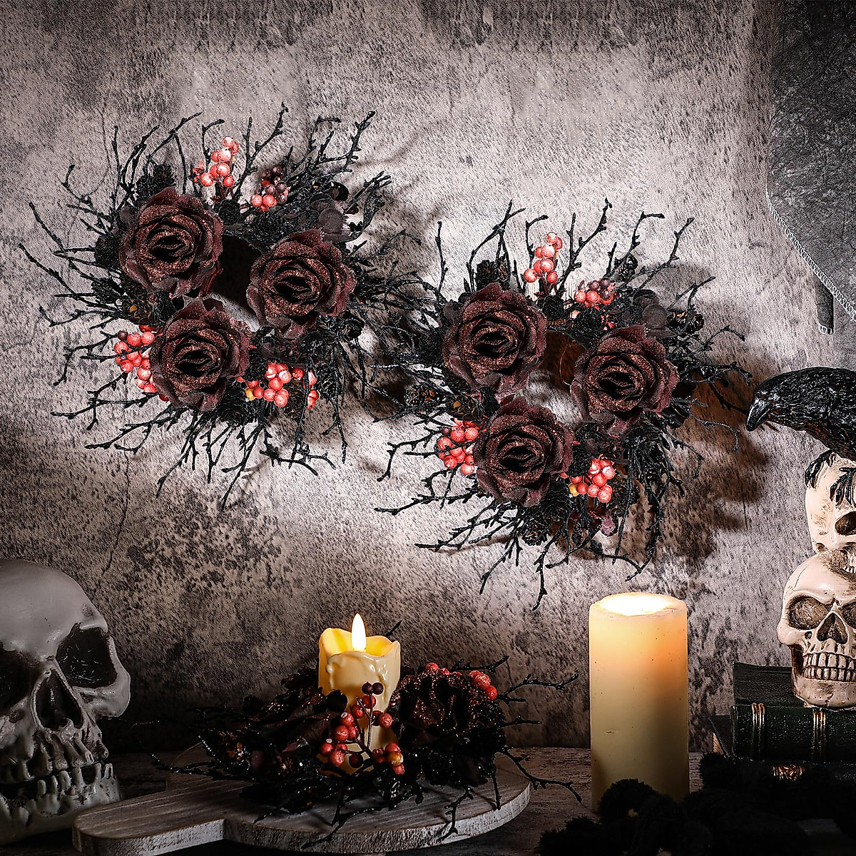 Jexine 6 Pcs Fall Candle Rings Wreaths Black Halloween Rings 3 Inch Black Twig Wreath Candle Ring Gothic Rose with Glitter Leaves Wreath for Fall Thanksgiving Home Table Centerpieces Decorations