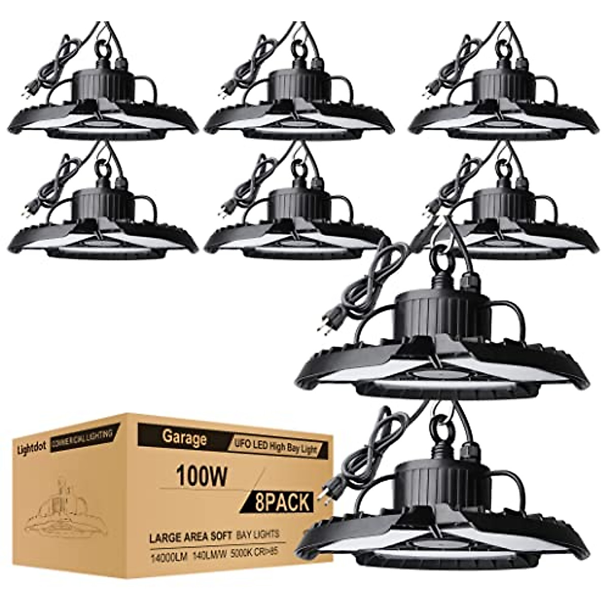 Lightdot 8Pack 100W LED High Bay Light with 3 Adjustable Panels, 5000K 14000LM Super Bright Shop Lights, LED Commercial Bay Lighting with 5ft UL Cable Plug for Barn/Warehouse/Workshop