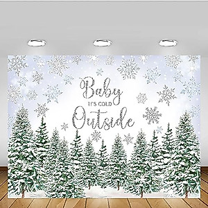 MEHOFOND 7x5ft Winter Baby Shower Backdrop Baby It's Cold Outside Snowflake Forest Pine Tree Green Photography Background Baby Shower for Boys Party Banner Decorations Photo Booth Props