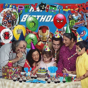 150 PCS Superhero Blue Theme Birthday Party Supplies For Boys And Girls Decoration With Plant Balloon,Tableware,Paper Cup,Tablecloth, Backdrop Super Movie Theme Party