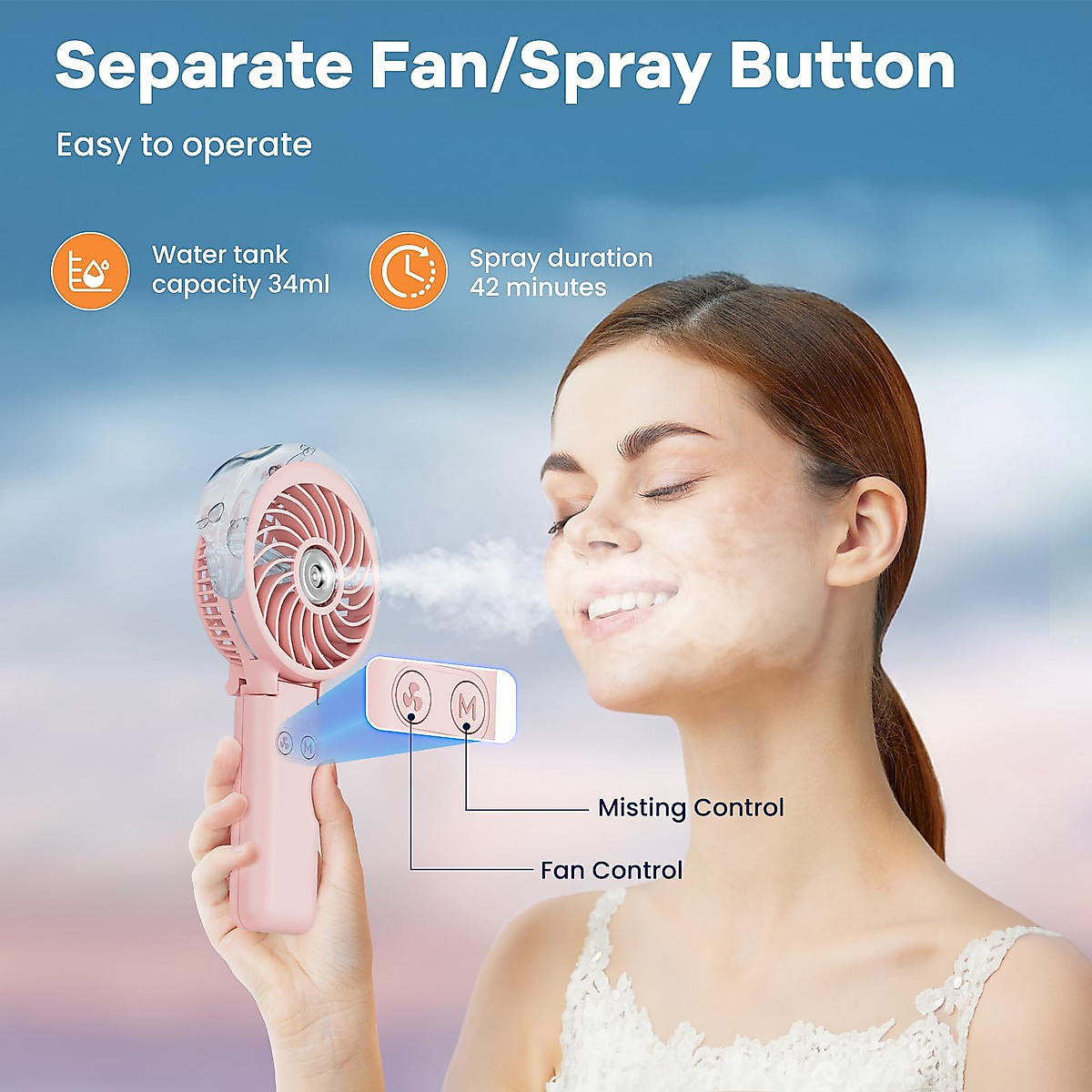 HandFan 5200mAh Handheld Misting Fan with Portable Charger, 34ml Water Tank, Rechargeable Personal Mister Fan, Spray Water Mist Fan, Electric Mini Hand Fans for Beach Travel Outdoors(Pink)
