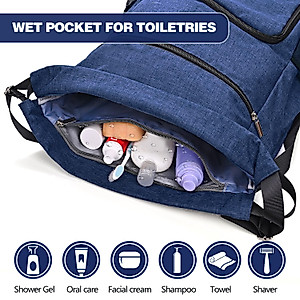 BAVELOE Drawstring Backpack Sports Gym Bag Wet Pocket & Shoe Compartment, Water-Resistant String Bag for Women Men(Navy Blue)