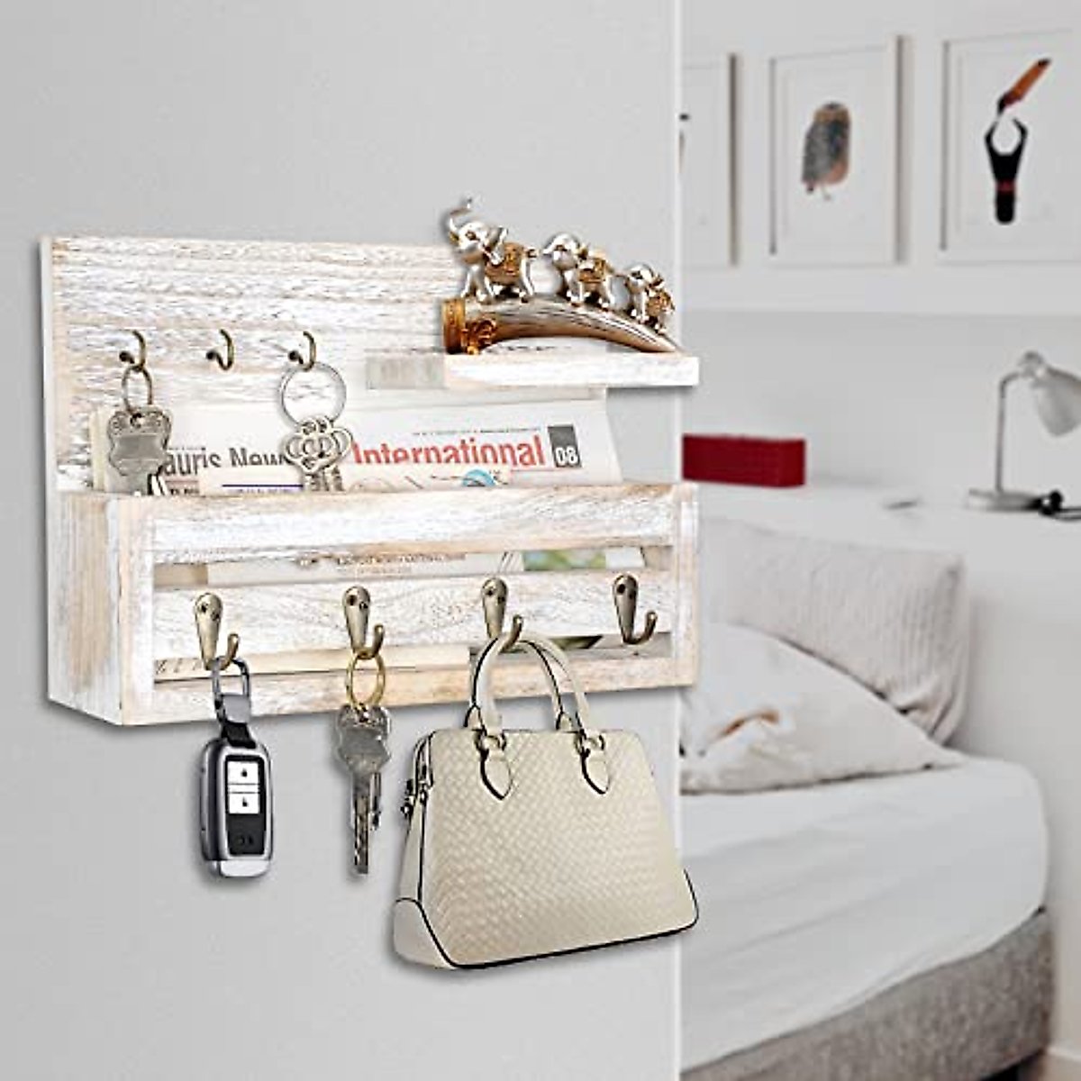 Wood Mail Organizer Wall Mounted - Key Holder for Wall, Mail and Key Holder with Shelf, Mail Holder with Key Hooks for Letter, Bills and Dog Leash, Rustic Mail Sorter for Entryway, Office, White