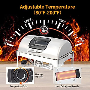 ROVSUN 9 QT Stainless Steel Chafing Dish Buffet Set with Electric & Fuel Heating,Roll Top Catering Chafer Server with Full Size & 2 Detachable Food Pans, Glass Lid for Party Wedding Banquet