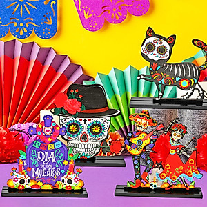 HOWAF 4PCS Day of The Dead Centerpiece, Dia De Los Muertos Wooden Table Topper with Sugar Skull Dancing Ghost Skeleton Couple Skeleton Cat Sacrificial Altar for Day of The Dead Table Decorations