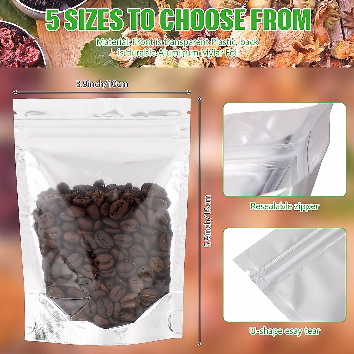 ZCYSRLQIN 200 Pieces Reusable Aluminum Foil Stand Up food storage bag Plastic Zipper Food Candy Storage Sealable Duty Reclosable Bags and Heat Sealable Food Storage Bags （4 x 6 inch）