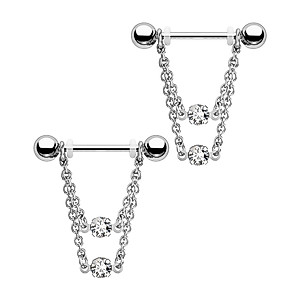 COCHARM 2pcs Stainless Steel Nipple Rings 14g Nipple Barbell Dangling Chain CZ Nipple Piercing Jewelry for Women