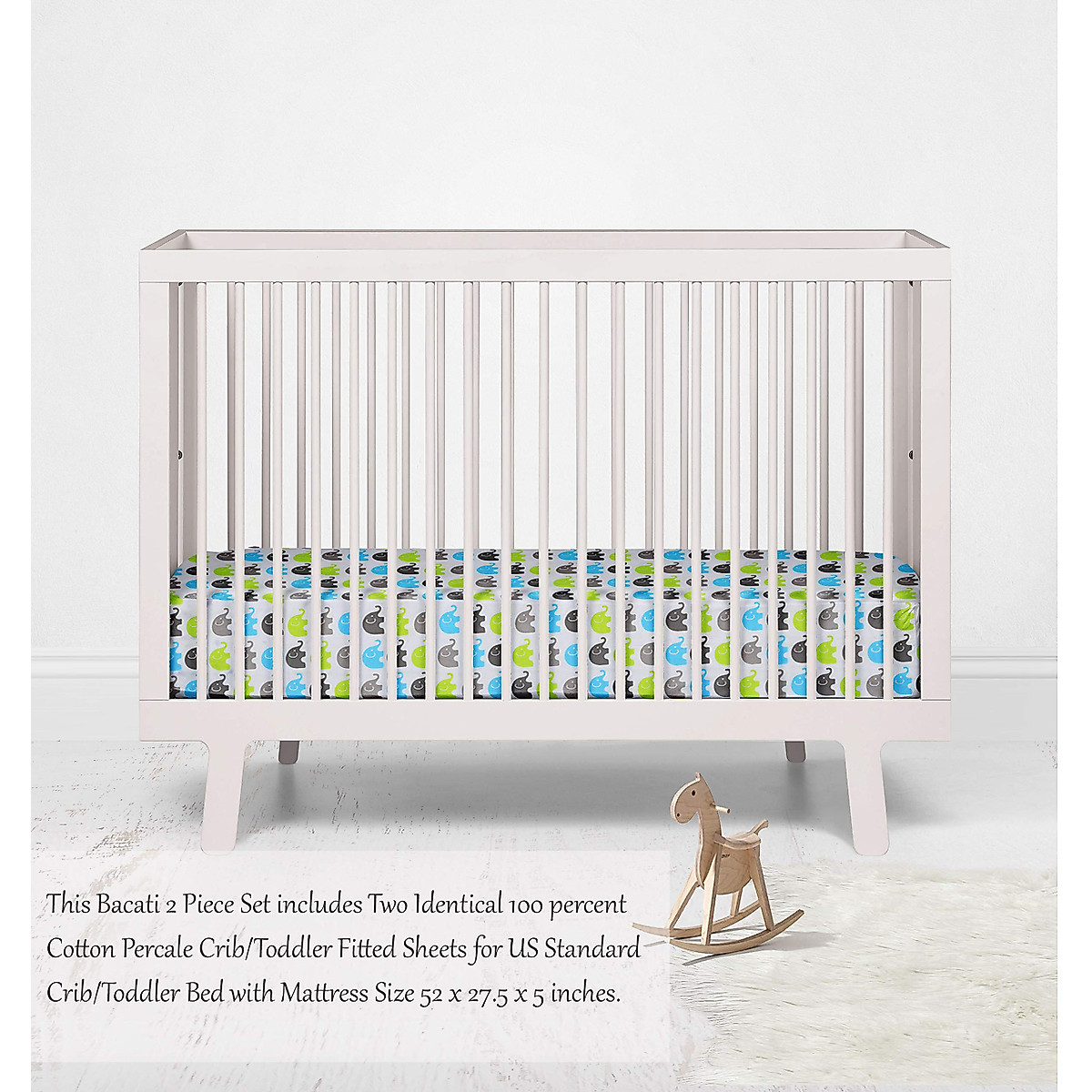 Bacati - Elephant Aqua, Lime, Grey 100% Cotton Percale 2 Pack Baby Crib & Toddler Bed Fitted Sheets