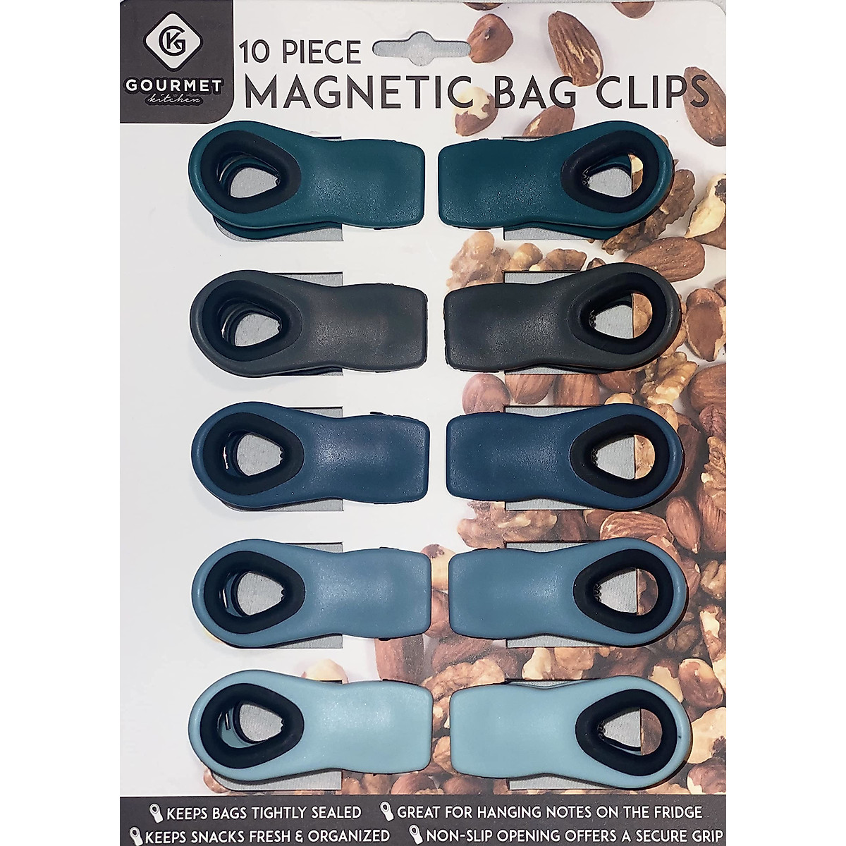 Gourmet Kitchen 10 Piece Bag Clips with Magnet, Food Clips, Chip Clips, Bag Clips for Food Storage with Air Tight Seal Grip, Snack Bags and Food Bags, Air Tight, Shades of Blue and Gray