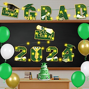 Graduation Party Decorations Green Gold Grad 2024 Porch Sign Door Banner with LED Light Class of 2024 Congrats Grad Banner Congratulation Party Hanging Sign for High School Graduation Party Decor