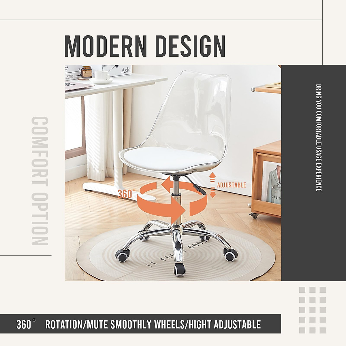 Modern Small Cute Armless Vanity Rolling Chair Adjustable Swive Chair for Office, Home, Make Up, Small Space, Bed Room (Clear)