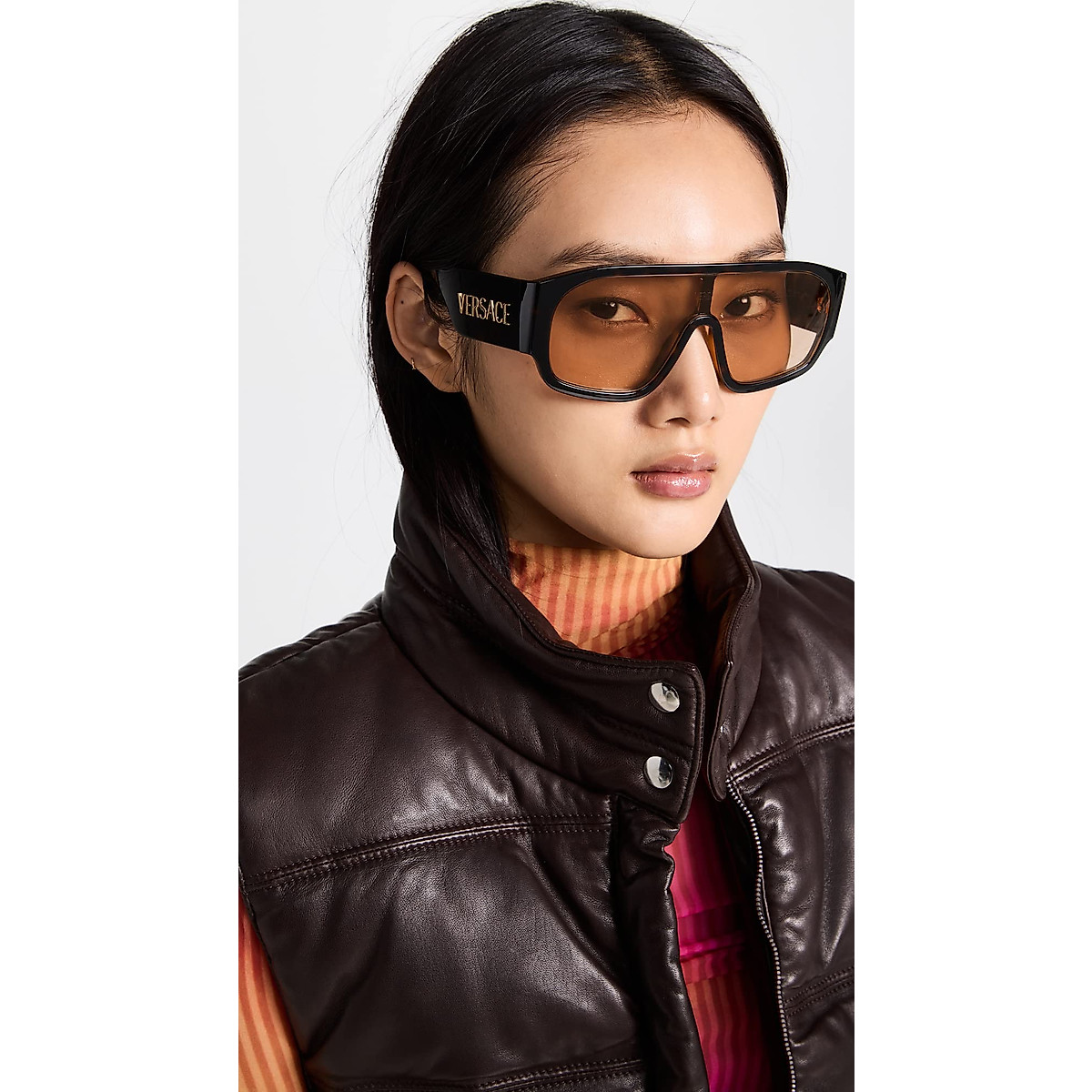 Versace VE 4439 108/73 Havana Plastic Shield Sunglasses Brown Lens