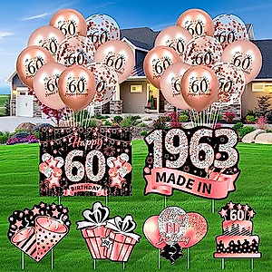 Rose Gold 60th Birthday Decorations for Women 6Pcs 60th Birthday Yard Signs Made in 1963 Lawn Sign & 18Pcs Rose Gold 60th Birthday Balloons for 60 Years Old Party Anniversary Outdoor Decor Supplies