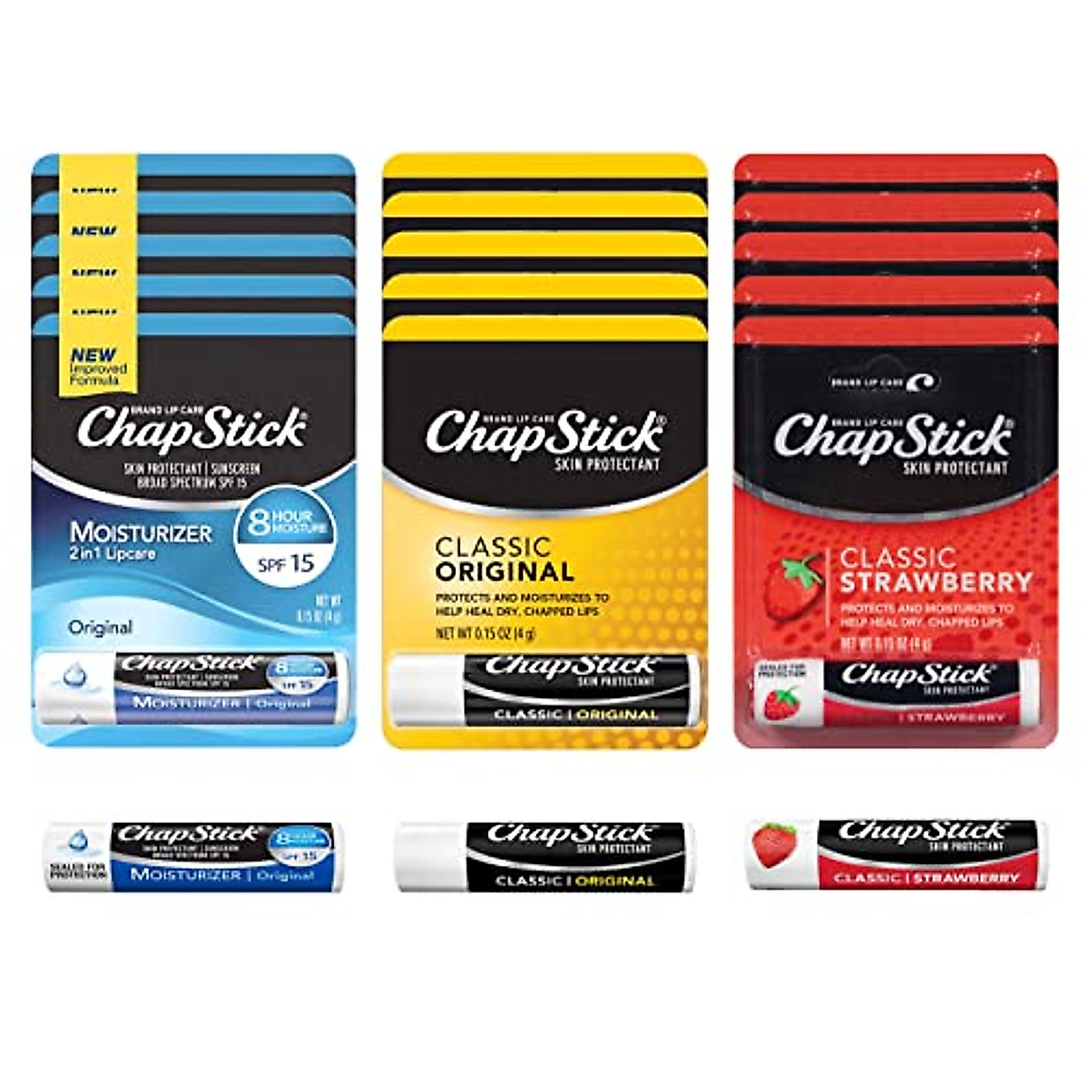 Chapstick Variety Pack Classic Original, SPF 15, & Strawberry Lip Balm Sticks Bulk, 0.15 Oz (15 Count) - Chap Stick Skin Protectant Moisturizer Tubes, Stocking Stuffers - By Dr. Plenty