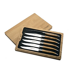 Laguiole en Aubrac Luxury Fully Forged Full Tang Stainless Steel Steak Knives 6-Piece Set with Olivewood Handle, Stainless Steel Matte Bolsters