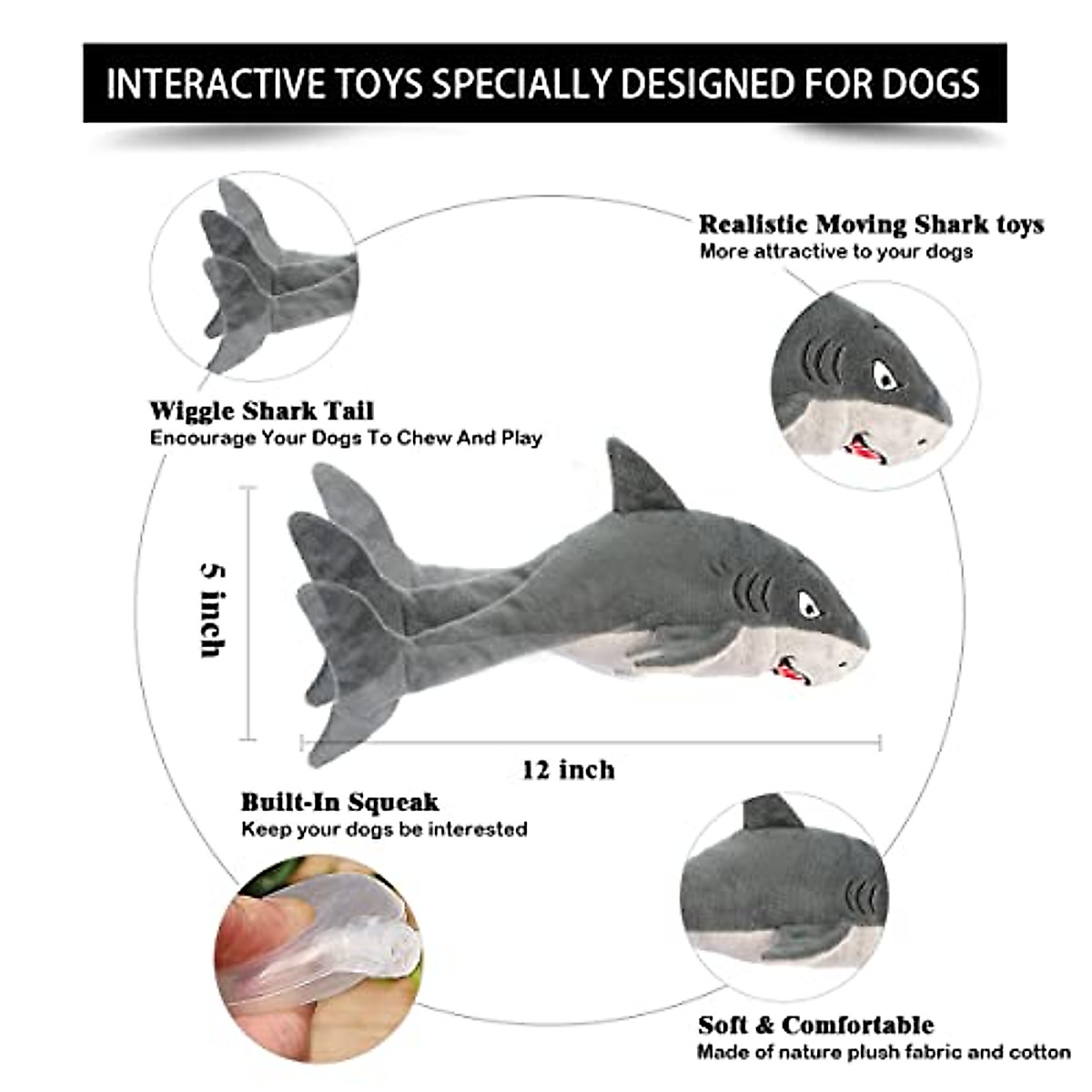 IOEN Interactive Floppy Fish Dog Toys for Large/Medium/Small Dogs,Squeaky Plush Tough Puppy Toys,Motion Activated (Floppy Shark)