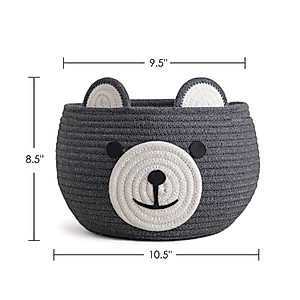 CherryNow Cute Bear Round Basket - Cotton Rope Baskets in Living Room Woven Baby Shower Basket Bedroom Storage Bakset for Children Corner Plant Basket Indoor, Grey, 10.5"D x 8.5"H