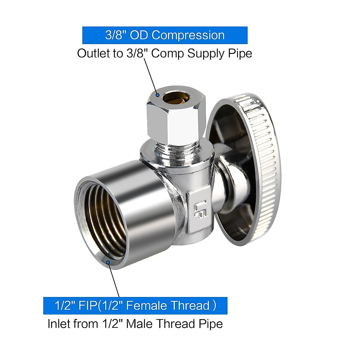 Stop Valves, 1/2" × 3/8" Angle Stop Valve, 1/2" FIP Angle Input, 3/8" OD Compression Output, 1/4 Turn, Chrome Plated Brass for Kitchen, Faucet, Toilet Valves