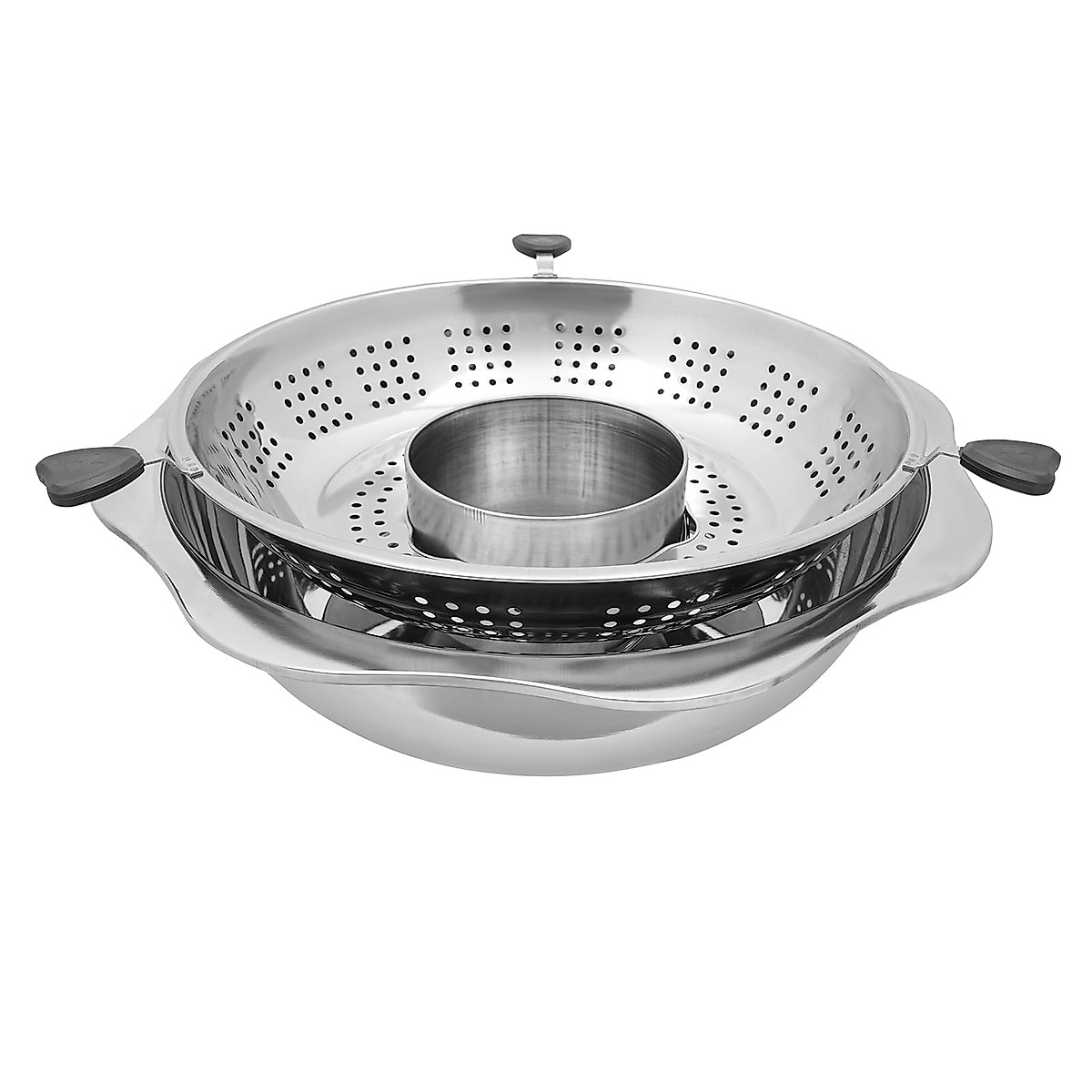 Leblett Stainless Steel Shabu Shabu Hot Pot And Filter Grid Combo,14“ Inner Dia Large Lifting Hot Pot W/Lifting Strainer,Fit Induction Cooktop Gas Stove Ceramic Stove,for 8-12 Persons(w/Small Pot,A)