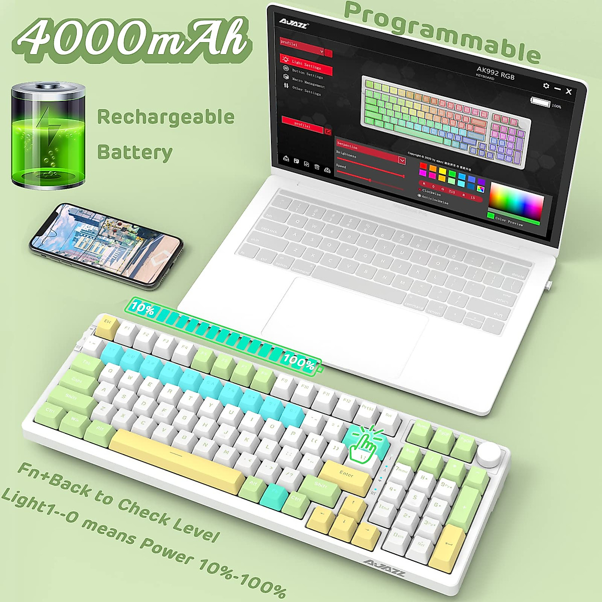 A.JAZZ AK992 99Keys Hot Swappable,Bluetooth/2.4G/Wired,Gasket Mount,RGB Backlight,Mechanical PC Gaming Keyboard,Coiled USB C Cable,Custom Clicky Switch,Knob Control,PBT Keycaps(Spring Green)