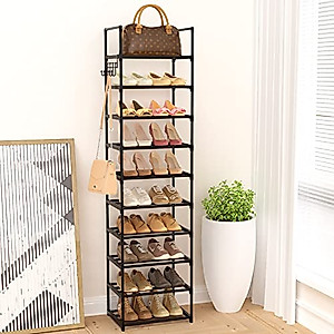 WEXCISE Narrow Shoe Rack 10 Tiers Tall Shoe Rack for Entryway 20-24 Pairs Shoe and Boots Organizer Storage Shelf Space Saving Large Shoe Tower Durable Black Metal Stackable Shoe Cabinet with Hooks