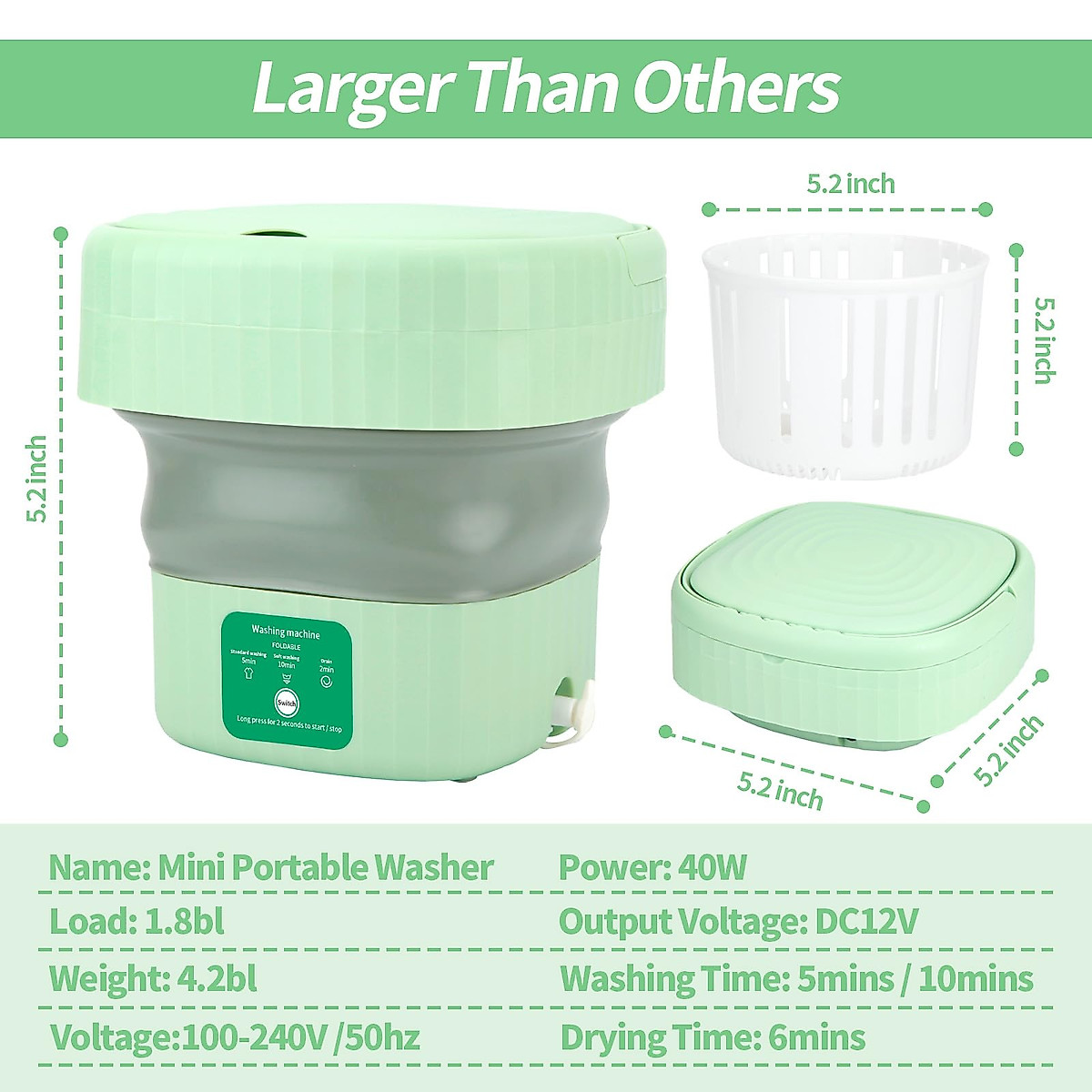 MINDORE Portable Washing Machine, 6.5L Large Capacity, 3 Modes of Deep Cleaning, Mini Washing Machine Suitable for Washing Baby Clothes, Underwear, Socks, Suitable for Apartment Camping Travel, Green