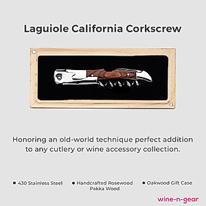 Laguiole California Waiters Corkscrew - Rosewood - Wine Bottle Opener with Ergonomic Handle for Bartenders & Gifts - Sharp Micro-Serrated Knife - Stored in a California Oakwood Gift Box