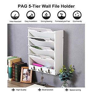 PAG 5-Tier Wall File Holder Hanging Mail Organizer Wood Magazine Literature Rack with 6 Hooks, White