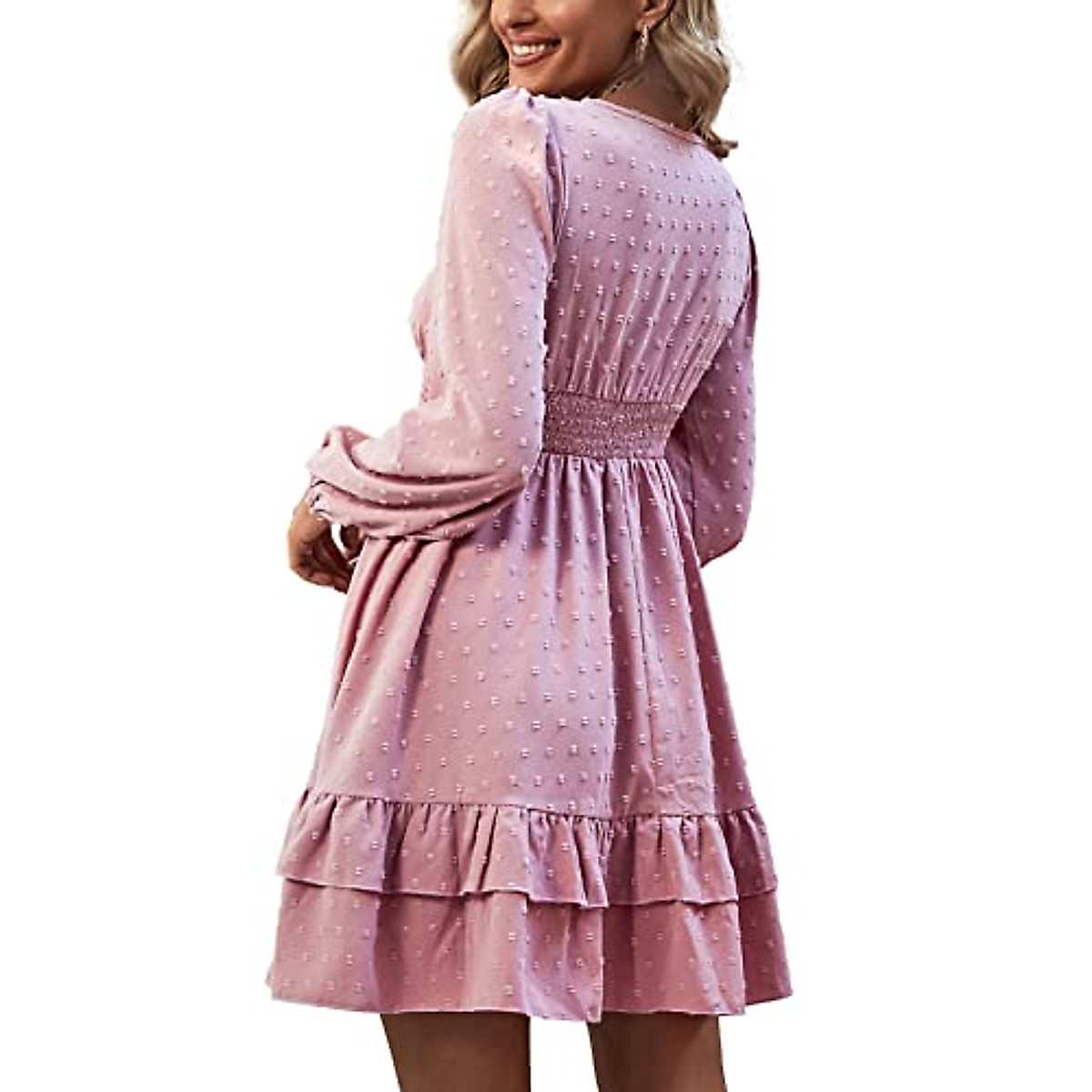 Rooscier Women's Wrap V Neck Swing Ruffle Swiss Dots Long Sleeve Mini Dress Solid Pink Medium