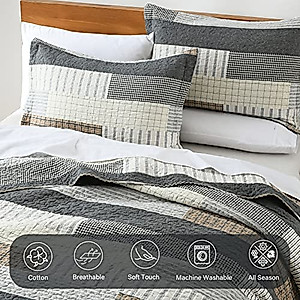 Finlonte Quilt Queen Size 100% Cotton Queen Size Quilts Grey Black Brown Bedspreads Plaid Quilts Lightweight Soft Breathable Bedding Sets for All Season, 3 Piece