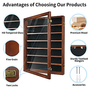 ASmileIndeep Pocket Knife Display Case 7 Rows Lockable Wooden Knife Shadow Box with HD Tempered Glass, Military Folding Knife Cabinet Stand for Wall with Removable Shelves, Walnut