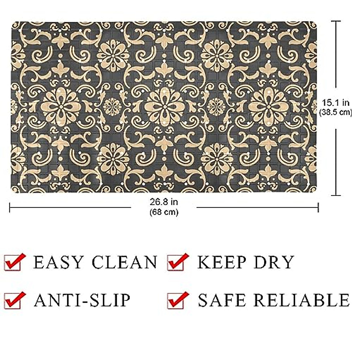 Bath Tub Shower Mat - Anti-Slip PVC Material 15.1x26.8 in, Gentle Cushioning Quick Drying Suction Cups Reliable Solution - Vintage Flowers Pattern Non-Slip Floor Mat