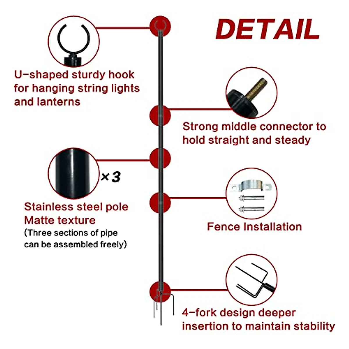 KULAMOON 2 Pack 9.5 FT Outdoor Patio String Light Poles with Hooks for Outdoor String Lights, Poles for Garden, Backyard, Patio, Lights Poles for Parties, Wedding Christmas Decorations