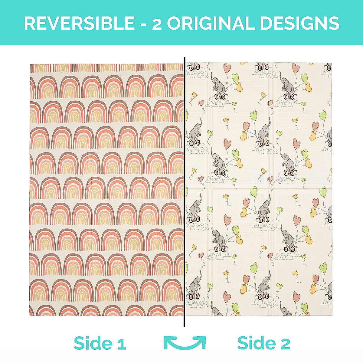 JumpOff Jo - Large Waterproof Foam Padded Play Mat for Infants, Babies, Toddlers, Play & Tummy Time, Foldable Activity Mat, 70 in. x 59 in. - Elephant & Rainbow, Pack of 1