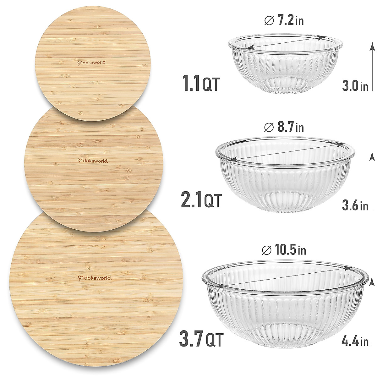 dokaworld Stackable Space-Saving Nesting Set of 3 Glass Bowls with Bamboo Lids for Foodprep, Storage, Mixing & Cooking - Microwave & Oven Safe BPA Free Durable Heat Resistant Inert Borosilicate Glass