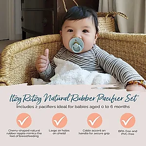 Itzy Ritzy Natural Rubber Pacifiers, Set of 2 – Natural Rubber Newborn Pacifiers with Cherry-Shaped Nipple & Large Air Holes for Added Safety; Set of 2 in Harbor & Coast, Ages 0 – 6 Months