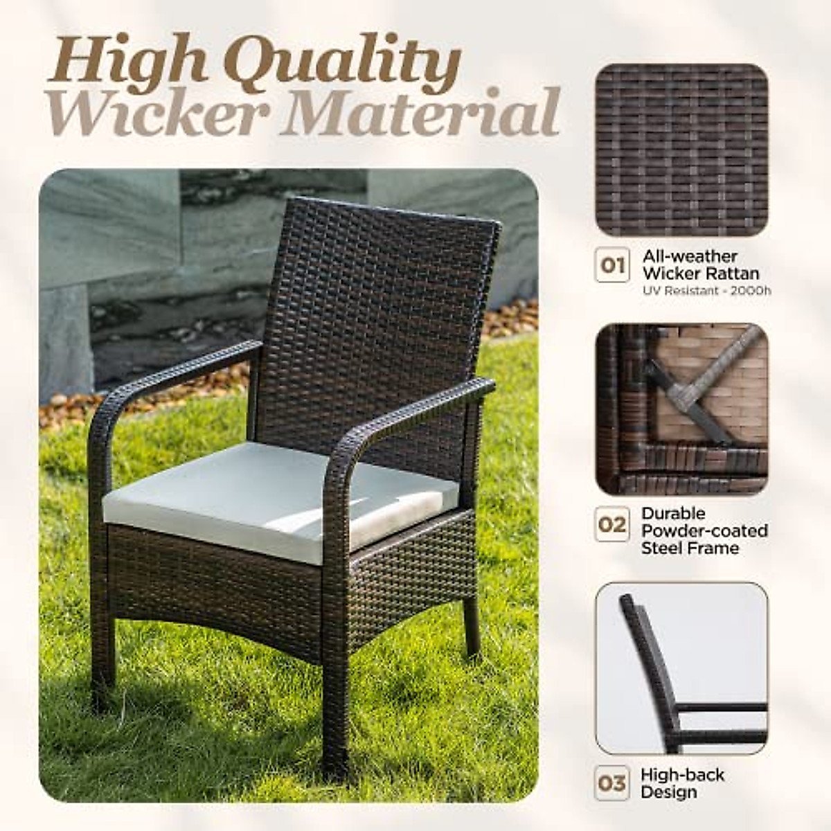 IDZO Lithe Upgraded Wicker Outdoor Dining Chairs Set of 4, 400 lbs Capacity, 2000 Hours UV Protection, Powder-Coated Steel Frame, Removable Seat Cushions, Weather-Resistant Patio Furniture Set