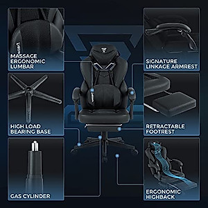 Vigosit Gaming Chair PRO, Ergonomic Gaming Chairs for Adults Heavy People, Massage Reclining Office Desk Computer Chair with Footrest and Lumbar Support, Big Tall Mesh Gamer Chair with Cushion (Black)