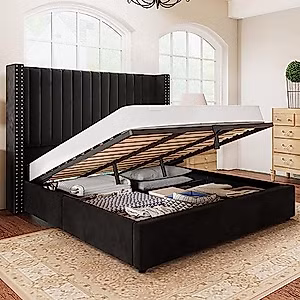 Jocisland King Bed Frame Lift Up Storage Bed, Velvet King Upholstered Bed Frame/Channel Tufted Wingback Headborad/No Box Spring Needed/Black