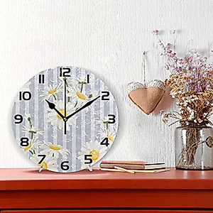 Oreayn Daisy Floral Stripe Wall Clock for Home Office Bedroom Living Room Decor Non Ticking White
