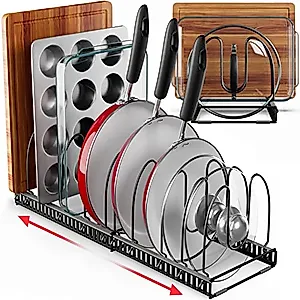 Better Things Home Expandable Pot and Pan Organizer Rack for Cabinet, Pot Lid Organizer Holder with 10 Adjustable Dividers, Anti-Scratch Padding - For Baking Sheet Organizer, Frying Pan Storage (Grey)