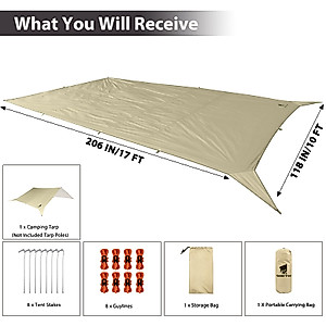 GEERTOP Portable Backpacking Tent Tarp 17 x 10 ft Large Hammock Rain Fly Tarp Shelter Camp Awning for Outdoor Travelling - No Includes Poles