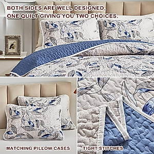 Joyreap 2 Pieces Microfiber Quilt Set, Botanical Blue Leaves on Light Gray Reversible Design, Bedspread Bed Cover for All Season, 1 Quilt and 1 Pillow Sham (Twin, 68x86 inches)