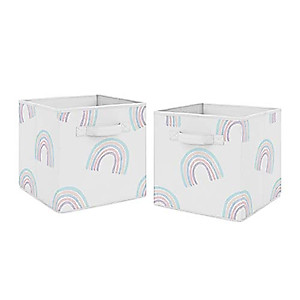 Sweet Jojo Designs Pastel Rainbow Foldable Fabric Storage Cube Bins Boxes Organizer Toys Kids Baby Childrens - Set of 2 - Blush Pink, Purple, Teal, Blue and White