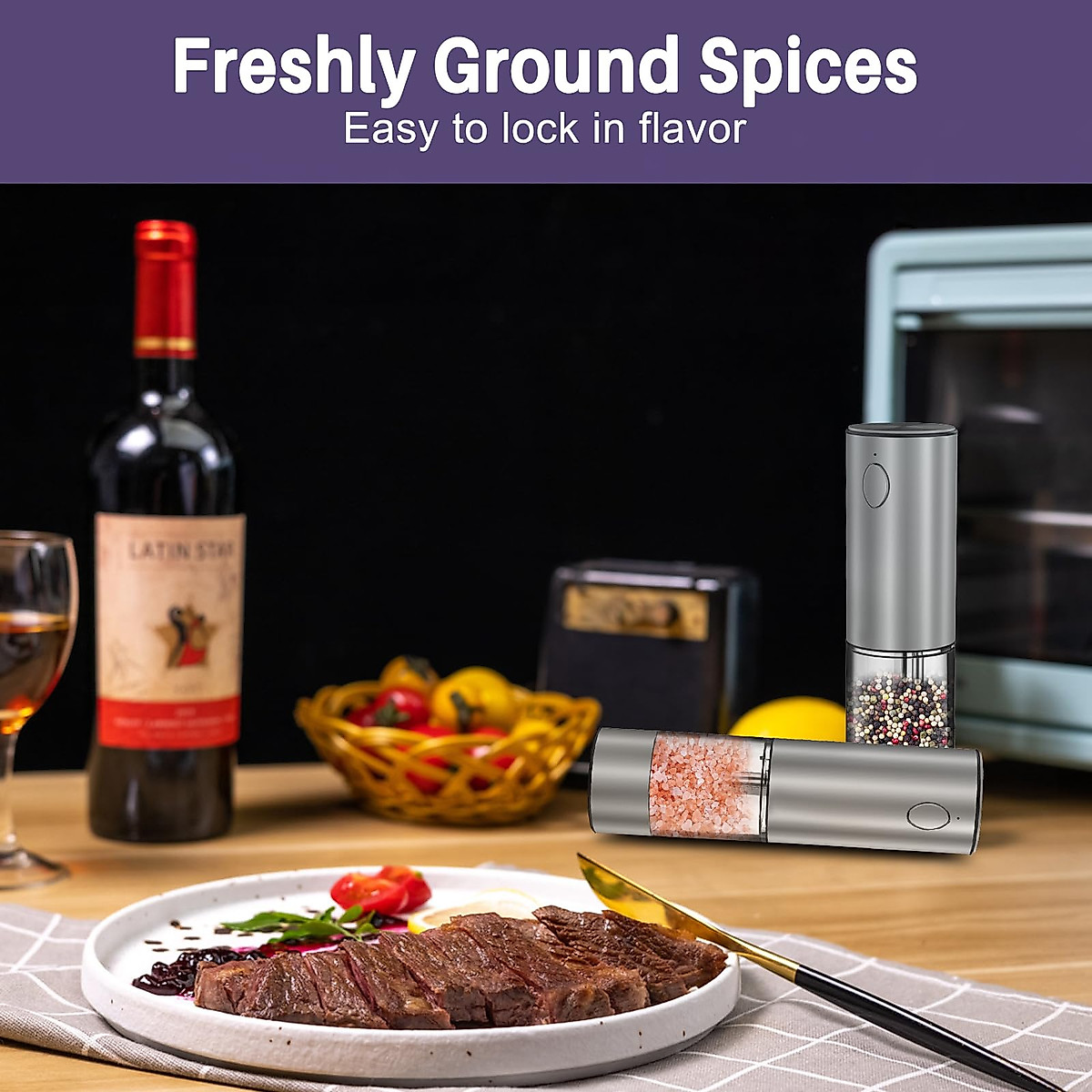 Electric Salt and Pepper Grinder Set, Automatic Pepper Mill Grinder w/Upgraded Charge Base and LED Light,Adjustable Coarseness,Rechargeable Black Peppercorn & Sea Salt Spice Mill Set